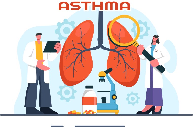 Asthma disease featuring human lungs and inhalers Vector Image