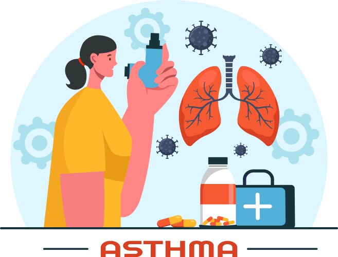Asthma disease featuring human lungs and inhalers Vector Image