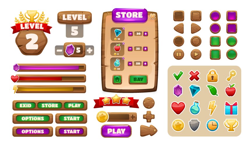 Wooden button cartoon interface ui or game gui Vector Image