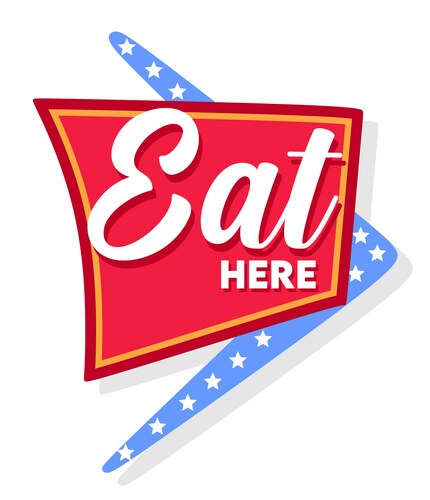 Eat here restaurant sign open 24 hour Royalty Free Vector