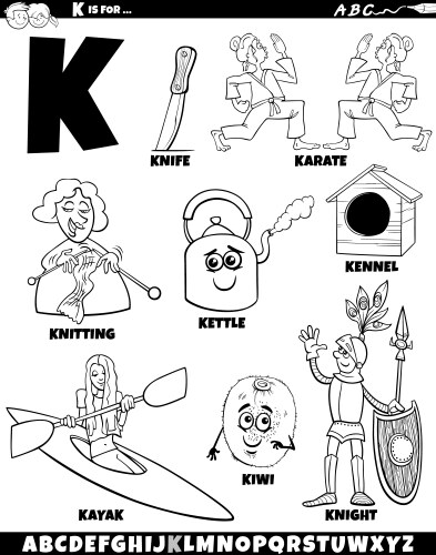 Letter k set with cartoon objects and characters Vector Image