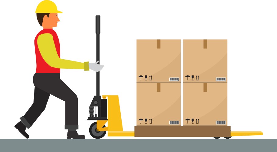Man with hand pallet jack Royalty Free Vector Image
