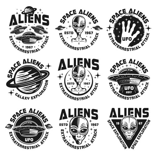 Badges set with ufo and aliens design Royalty Free Vector