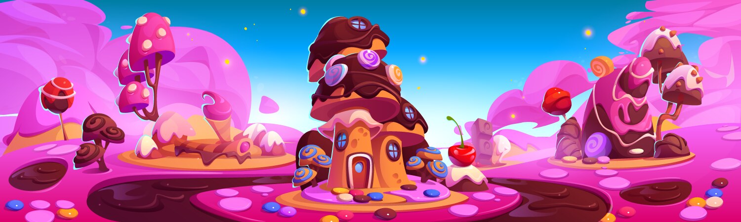 Sweet candy land panorama landscape background Vector Image