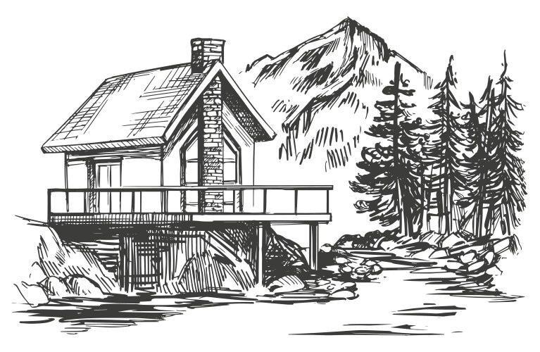 Mountains village hand drawing alpine landscape Vector Image