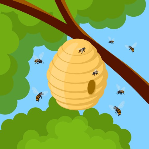 Cartoon bees with honey under a tree Royalty Free Vector
