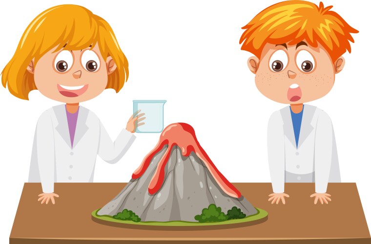 Cartoon boy scientist doing volcano experiment Vector Image