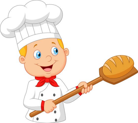 Cartoon baker holding bakery peel tool with bread Vector Image