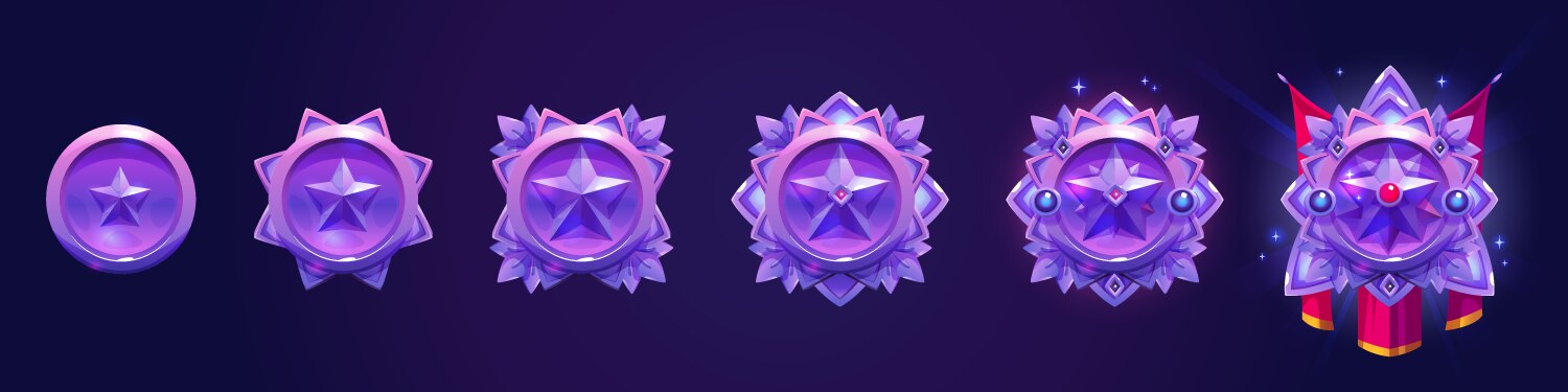 Game ranking badges with shields and swords Vector Image