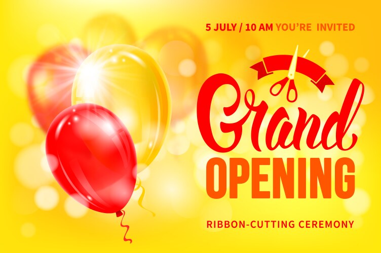 Grand opening card design with gold and red ribbon