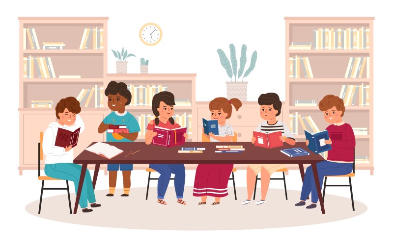 Children Reading Together in Library Royalty Free Vector