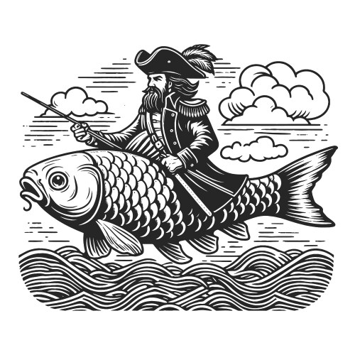 Pirate captain riding fish sketch Royalty Free Vector Image