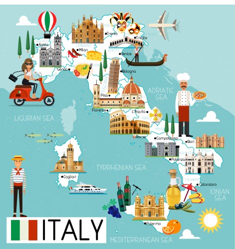 Colorful italy travel map with attraction symbols Vector Image