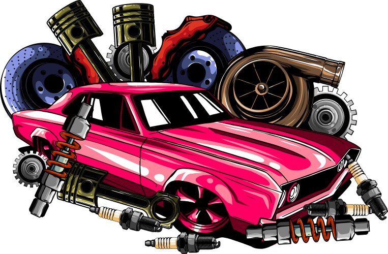 Red automobile with car spares Royalty Free Vector Image