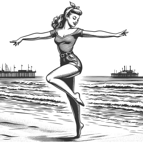 Dancing woman on beach engraving sketch Royalty Free Vector
