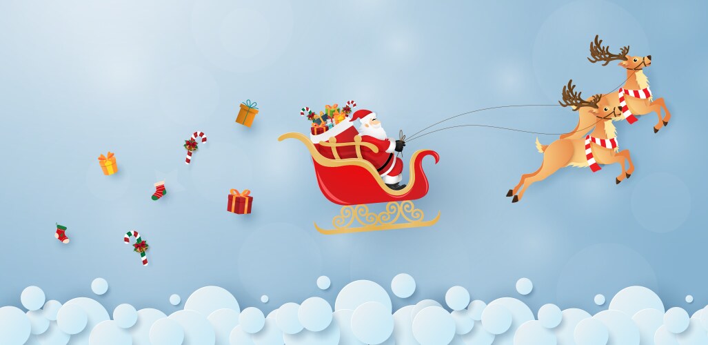 Santa rides reindeer sleigh flying in the sky Vector Image