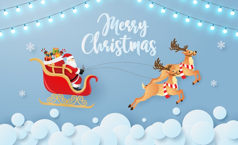 Santa rides reindeer sleigh flying in the sky Vector Image