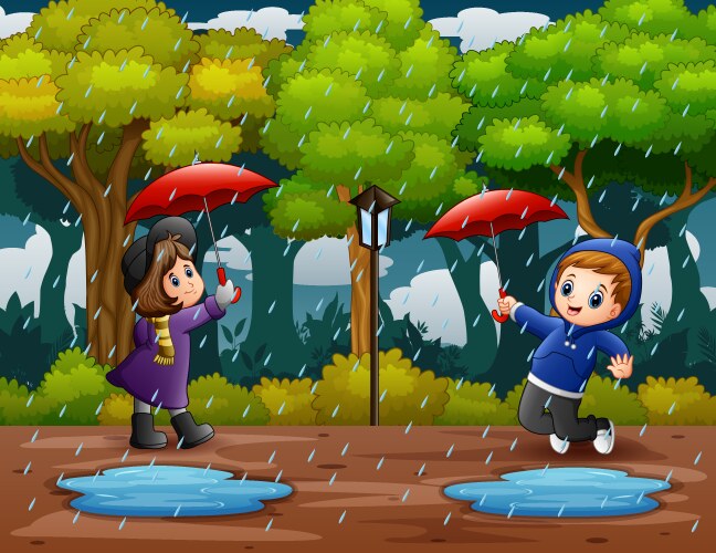 Cartoon girl with umbrella standing under the rain – Royalty-Free ...