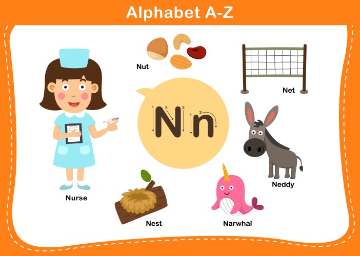 Alphabet letter n-note nut nest Royalty Free Vector Image