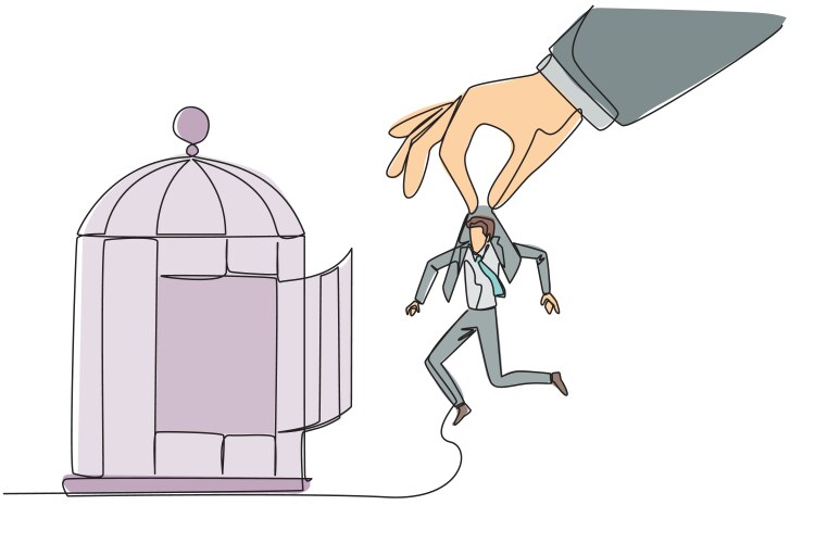 Continuous one line drawing big hand hold cage Vector Image