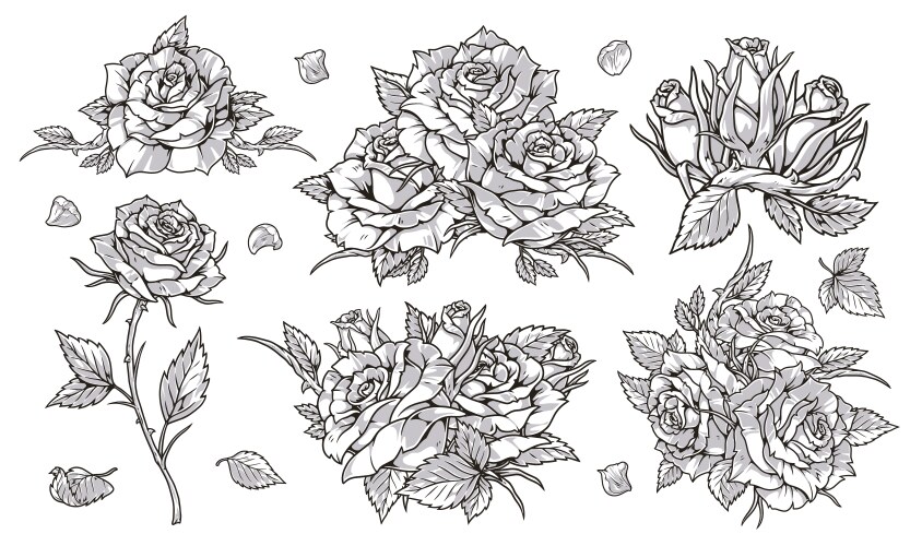 Blooming flowers set stickers monochrome Vector Image