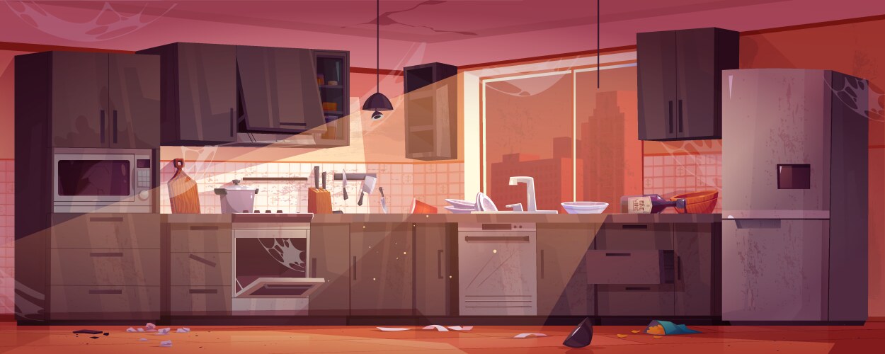 Messy kitchen interior with dirty tables fridge – Royalty-Free Vector ...