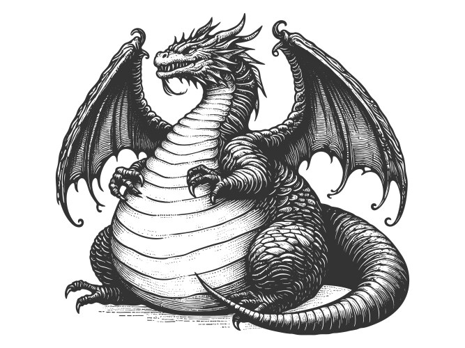 Chubby fat dragon engraving Royalty Free Vector Image