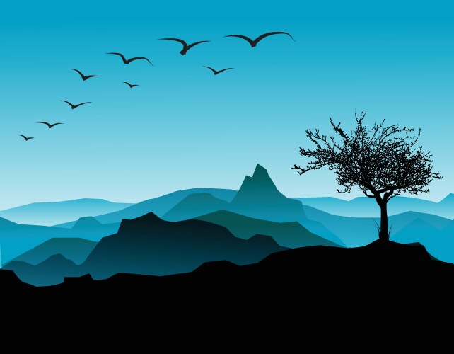 Landscape trees moon and mountains Royalty Free Vector Image