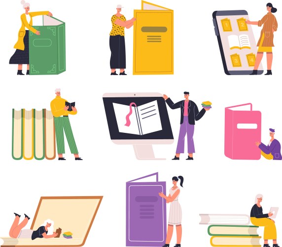 Cartoon kids studying in library Royalty Free Vector Image