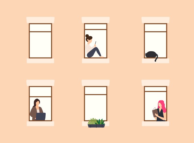 Facade of building with opened windows and people Vector Image