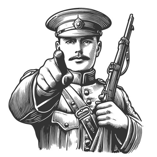 Soldier pointing forward recruitment pose Vector Image