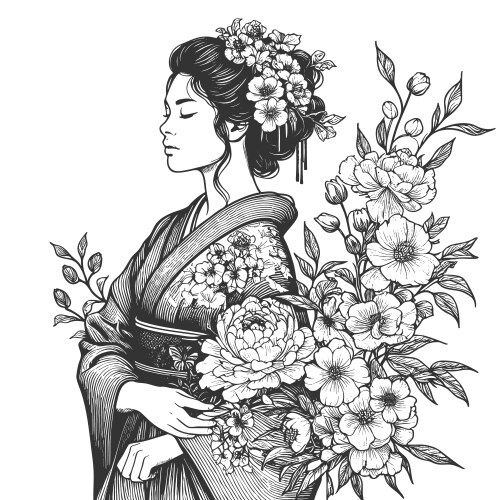 Geisha with blossoming flowers engraving Vector Image