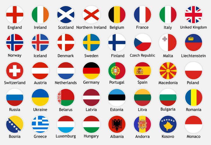 Set of all europe flags with name Royalty Free Vector Image