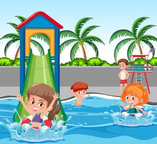 Multinational kids in water park cartoon Vector Image