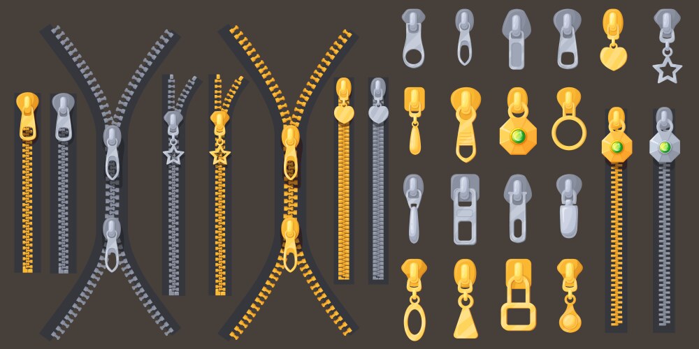 Metal zip fasteners zippers puller set Royalty Free Vector