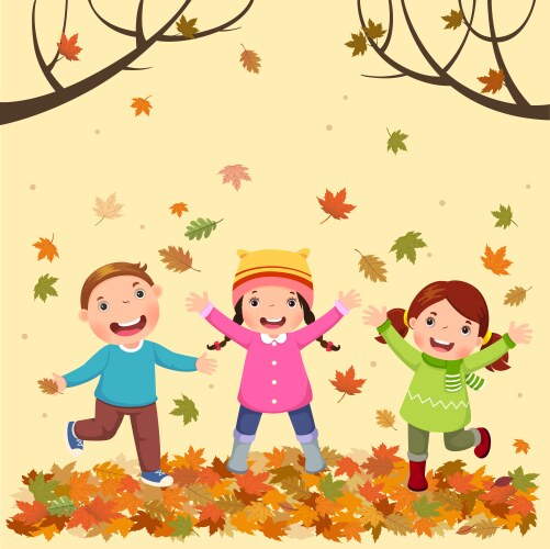 Cartoon happy kids playing in autumn background Vector Image