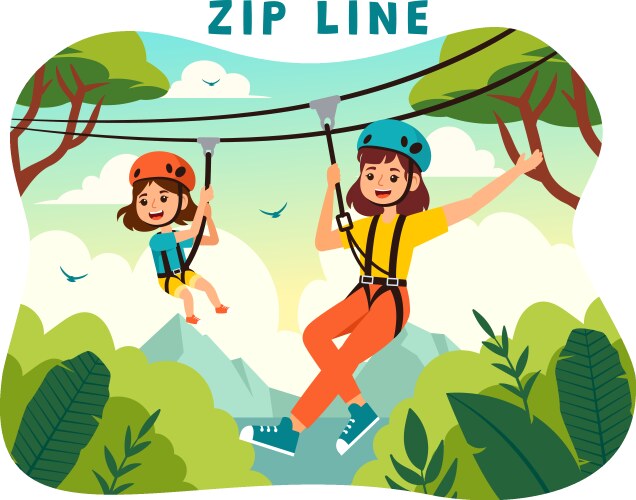 Zip line with visitors walking on an obstacle Vector Image