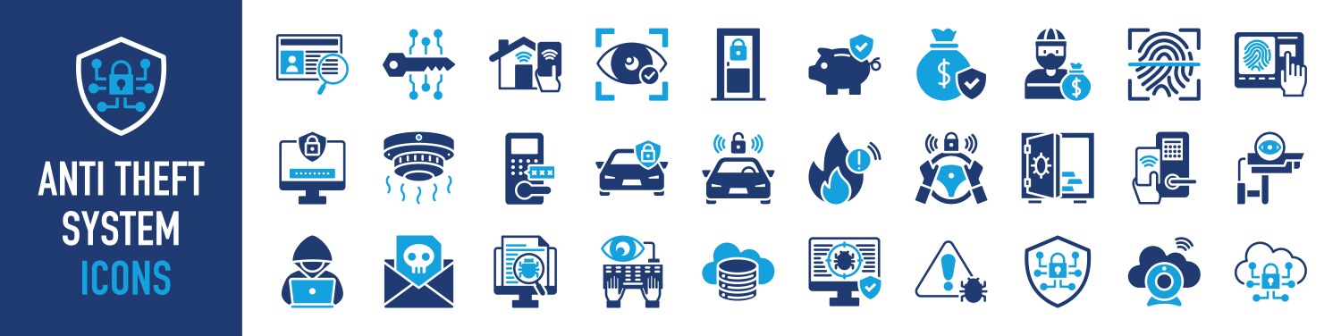 Anti theft system icons set Royalty Free Vector Image