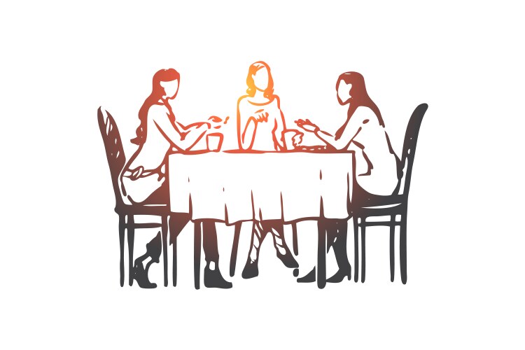 Happy friends gathering around table eating lunch Vector Image