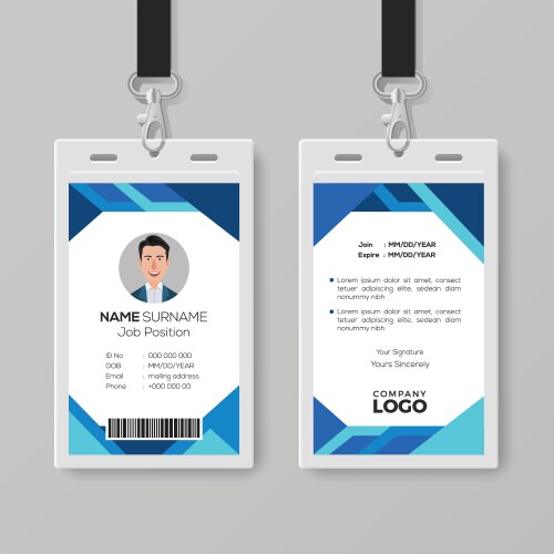Blue graphic employee id card template Royalty Free Vector