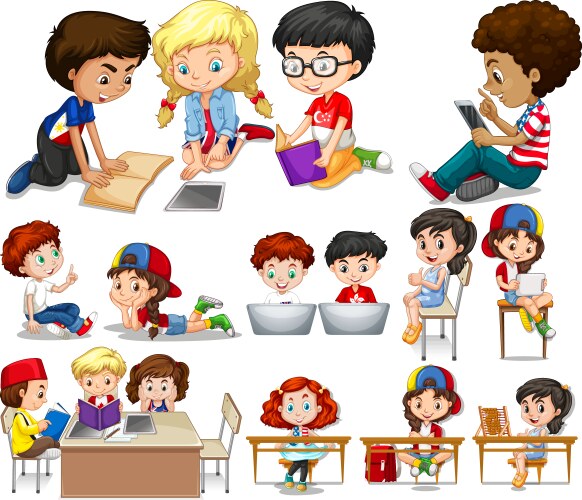 Many children reading books Royalty Free Vector Image