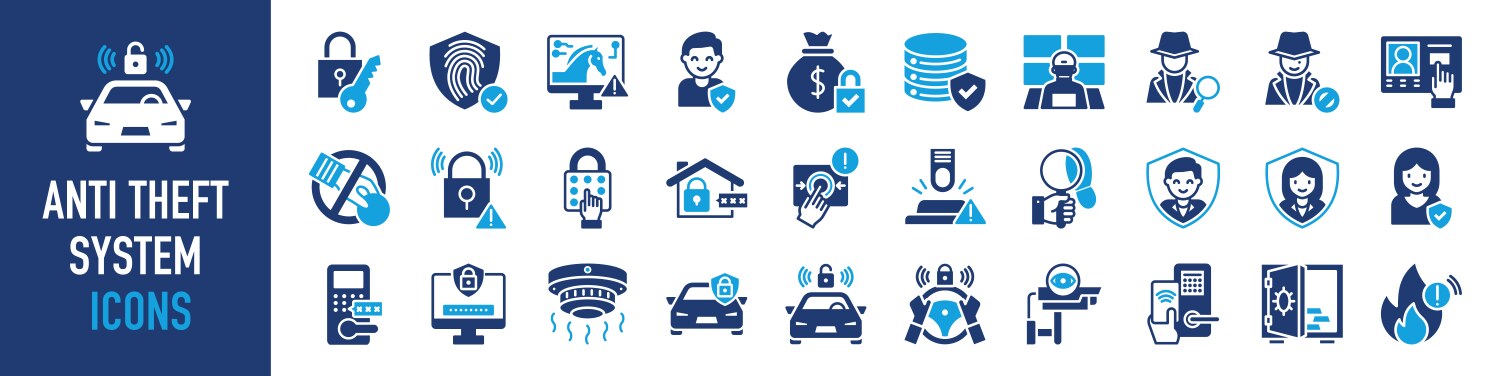 Anti theft system icons set Royalty Free Vector Image