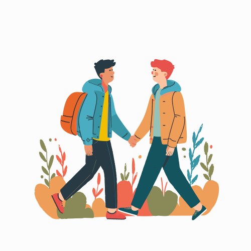 Two young men walking outdoors connected holding Vector Image
