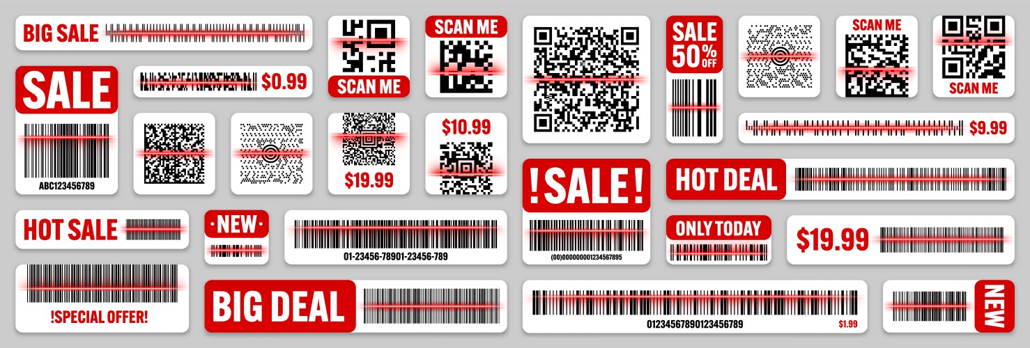 Product barcodes and qr codes with red scanning Vector Image