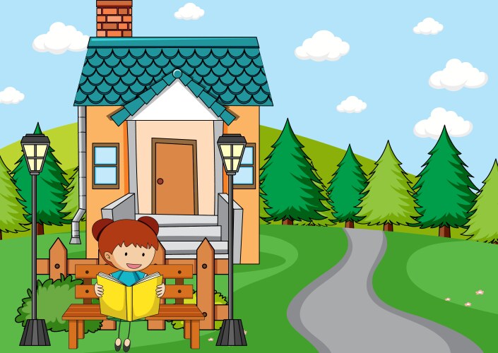 Front house scene with a girl reading book Vector Image