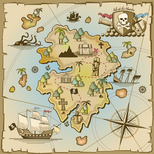 Cartoon pirate treasure map with secret island Vector Image