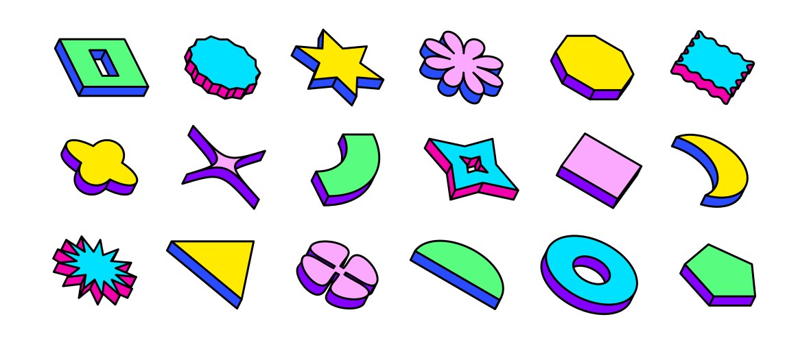 Colorful neon isometric shape set bright outlined Vector Image