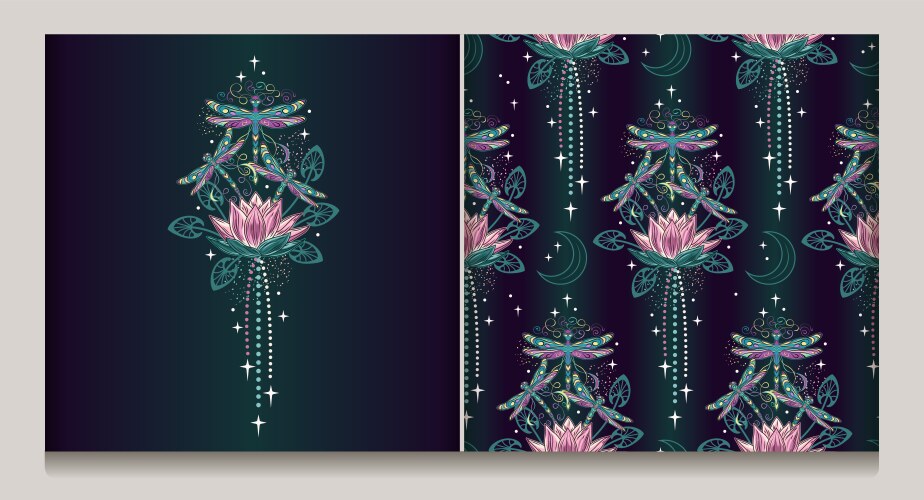 Fantasy pattern label with lotus dragonflies Vector Image