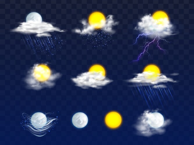 Realistic weather icons on transparent Royalty Free Vector
