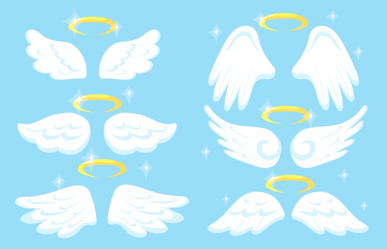 Flying angel wings with gold nimbus set Royalty Free Vector